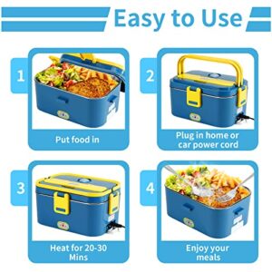 COZYEXPERT Electric Lunch Box 60W Food Heated 12V 24V 110V Faster Food Warmer Heater for Car/Truck/Home Portable Heating Boxes with 1.8L 304 SS Container Fork & Spoon (Light blue+Yellow)