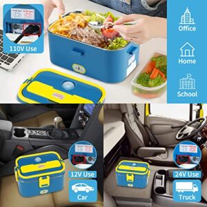 COZYEXPERT Electric Lunch Box 60W Food Heated 12V 24V 110V Faster Food Warmer Heater for Car/Truck/Home Portable Heating Boxes with 1.8L 304 SS Container Fork & Spoon (Light blue+Yellow)