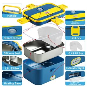 COZYEXPERT Electric Lunch Box 60W Food Heated 12V 24V 110V Faster Food Warmer Heater for Car/Truck/Home Portable Heating Boxes with 1.8L 304 SS Container Fork & Spoon (Light blue+Yellow)