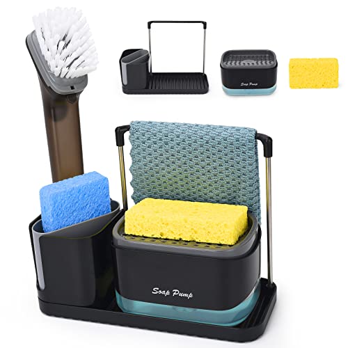 Bestseek Kitchen Soap Dispenser Set with Tray and Sponge Holder, Sink Caddy Organizer with Dishcloth Holder and Dish Brush Holder, for Kitchen Countertop Storage Organize - Practical Kitchen Gadgets