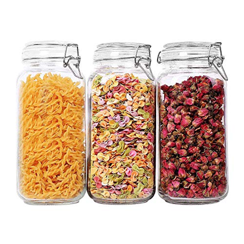 ComSaf Airtight Glass Canister Set of 3 with Lids 78oz Food Storage Jar Square - Storage Container with Clear Preserving Seal Wire Clip Fastening for Kitchen Canning Cereal,Pasta,Sugar,Beans,Spice