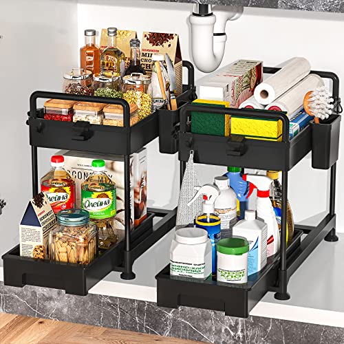 SOYO Under Sink Organizers and Storage 2 Pack, Bathroom Organizer Under Cabinet Storage, Undersink Sliding Basket Drawer for Kitchen Organization, Pull Out Shelf with Handles, Hanging Cups, Black