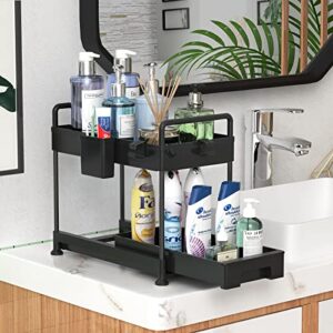 SOYO Under Sink Organizers and Storage 2 Pack, Bathroom Organizer Under Cabinet Storage, Undersink Sliding Basket Drawer for Kitchen Organization, Pull Out Shelf with Handles, Hanging Cups, Black