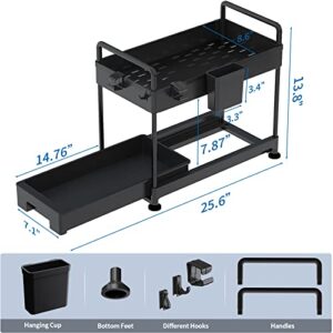 SOYO Under Sink Organizers and Storage 2 Pack, Bathroom Organizer Under Cabinet Storage, Undersink Sliding Basket Drawer for Kitchen Organization, Pull Out Shelf with Handles, Hanging Cups, Black