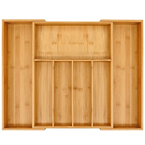 VaeFae Bamboo Drawer Organizer, Expandable Silverware Drawer Organizer and Cutlery Tray, Wooden Drawer Dividers Organizer for Kitchen Utensils and Flatware (5-7 Slots)