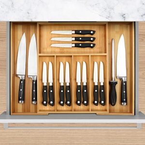 VaeFae Bamboo Drawer Organizer, Expandable Silverware Drawer Organizer and Cutlery Tray, Wooden Drawer Dividers Organizer for Kitchen Utensils and Flatware (5-7 Slots)