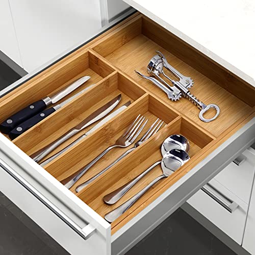 VaeFae Bamboo Drawer Organizer, Expandable Silverware Drawer Organizer and Cutlery Tray, Wooden Drawer Dividers Organizer for Kitchen Utensils and Flatware (5-7 Slots)