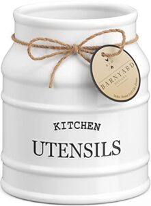 barnyard designs ceramic farmhouse kitchen utensil holder for countertop, decorative kitchen utensil holder, large kitchen utensil holder for kitchen counter, utensil crock spatula holder, 6.75″ white