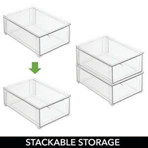 mDesign Plastic Stackable Bathroom Storage Organizer Bin with Pull Out Drawer for Cabinet, Vanity, Shelf, Cupboard, Cabinet, or Closet Organization - Lumiere Collection - 2 Pack - (Clear, 8 x 12 x 4)