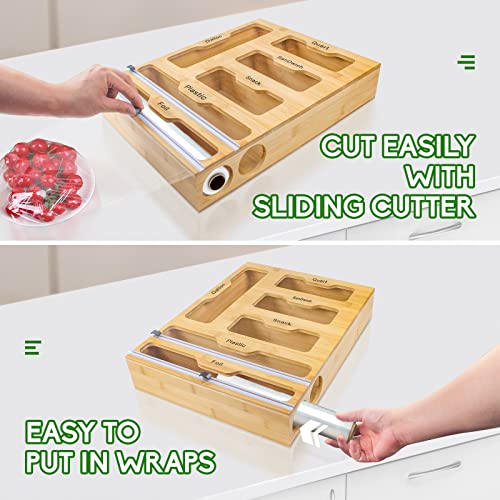 Ziplock Bag Organizer Bamboo , 6 in 1 Wrap Dispenser With Cutter, Kitchen Storage Ziplock Bag Organizer For Drawer, Compatible With Ziplock Gallon, Quart, Sandwich, Snack, Aluminum Foil etc