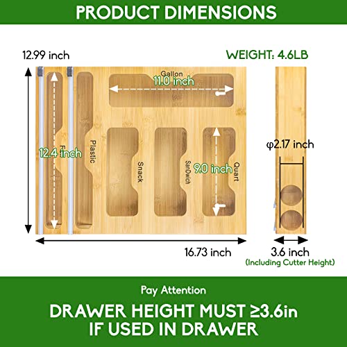 Ziplock Bag Organizer Bamboo , 6 in 1 Wrap Dispenser With Cutter, Kitchen Storage Ziplock Bag Organizer For Drawer, Compatible With Ziplock Gallon, Quart, Sandwich, Snack, Aluminum Foil etc