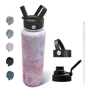 bjpkpk insulated water bottles with straw lid, 40oz large water bottle, stainless steel metal water bottle with 3 lids, reusable thermos bottle, cold & hot water bottle for sports,gym-marble blossom