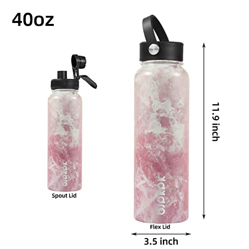 BJPKPK Insulated Water Bottles with Straw Lid, 40oz Large Water Bottle, Stainless Steel Metal Water Bottle with 3 Lids, Reusable Thermos Bottle, Cold & Hot Water Bottle for Sports,Gym-Marble Blossom