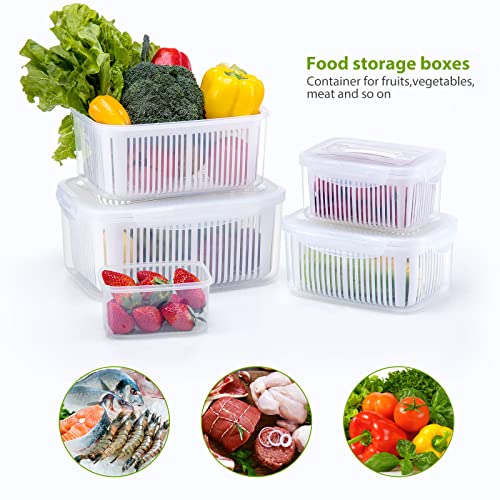 LUXEAR Fruit Vegetable Produce Storage Saver Containers with Lid & Colander 5 Packs BPA-Free Plastic Fresh Keeper Set | Refrigerator Fridge Organizer | for Salad Berry Lettuce Food Meat Fish Celery