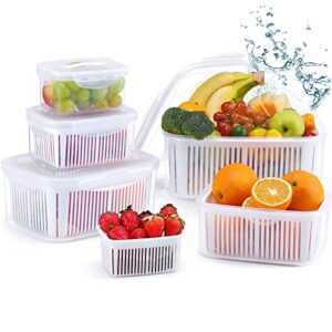 luxear fruit vegetable produce storage saver containers with lid & colander 5 packs bpa-free plastic fresh keeper set | refrigerator fridge organizer | for salad berry lettuce food meat fish celery