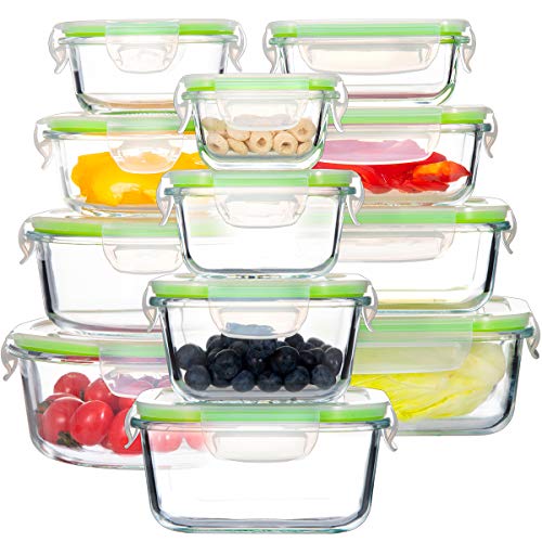 S SALIENT Glass Food Storage Containers with Lids, [24 Piece] Airtight Glass Storage Containers, Leak Proof Glass Meal Prep Containers, BPA Free Glass Bento Boxes for Lunch (12 lids & 12 Containers)