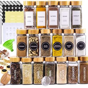 Glass Spice Jars with Label Set, Bamboo Lids & Funnel - Kitchen Airtight Storage Jars with Lids - Spices and Seasonings Sets Organizer, Spice Glass Jar with Lid Food Canister Bottle Sugar Shaker