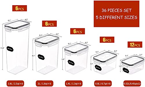 EWFEN Airtight Food Storage Containers for Kitchen Organization, 36 pcs Plastic Food Canisters with Lids, Labels & Marker for Pantry Organization and Storage, Cereal, Flour And Sugar