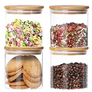 4 pack glass jars with airtight bamboo lids, (dabacc) glass kitchen canisters clear container for food storage of dry goods, cookie, candy, spices, coffee beans and more, 18.6 oz