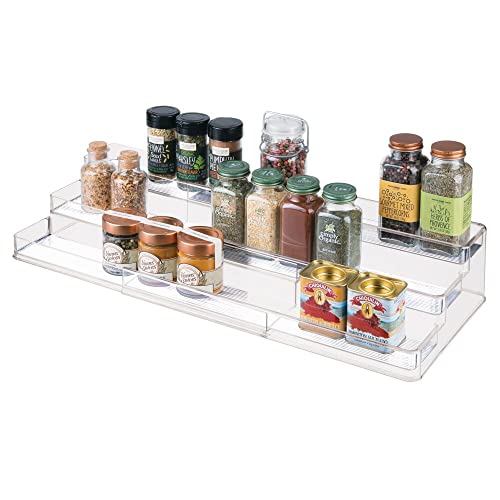 mDesign Plastic Shelf Adjustable & Expandable Spice Rack Organizer with 3 Tiers of Storage for Kitchen, Cabinet, Pantry Organization - Holds Spice Bottles, Seasonings - Ligne Collection - Clear