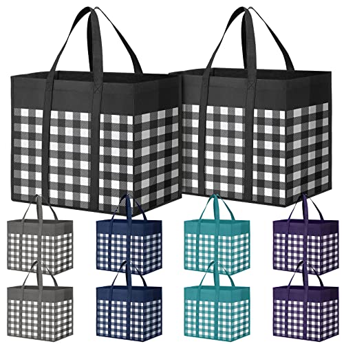 StorMiracle Reusable Grocery Bags 10-Pack, Large Foldable Reusable Shopping Tote Bags Bulk for Groceries, Waterproof Kitchen Cloth Produce Bags with Long Handles, Durable and Lightweight-Plaid Style A