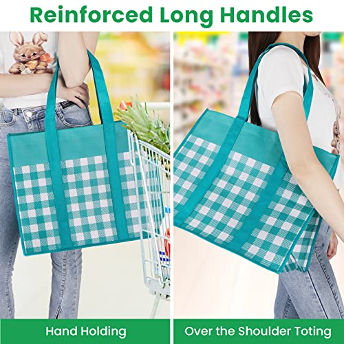 StorMiracle Reusable Grocery Bags 10-Pack, Large Foldable Reusable Shopping Tote Bags Bulk for Groceries, Waterproof Kitchen Cloth Produce Bags with Long Handles, Durable and Lightweight-Plaid Style A