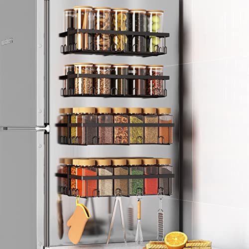 EAZOO 4 Pack Magnetic Spice Rack for Refrigerator - Strong Fridge Organizer with Hook to Save Kitchen Space - Magnet for Microwave, Dishwasher and Metal Shelves - Black