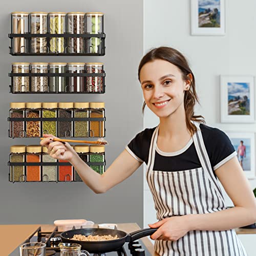 EAZOO 4 Pack Magnetic Spice Rack for Refrigerator - Strong Fridge Organizer with Hook to Save Kitchen Space - Magnet for Microwave, Dishwasher and Metal Shelves - Black