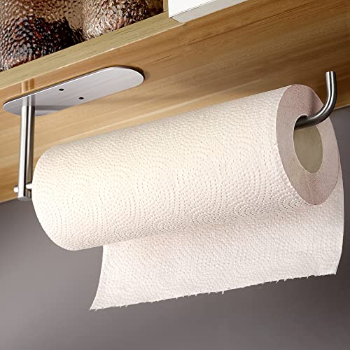 YIGII Paper Towel Holder Under Cabinet Mount - Self Adhesive Paper Towel Rack or Wall Mounted for Kitchen, 12 Inch Bar - Fit All Roll Sizes, Stainless Steel