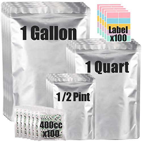 100pcs Mylar Bags for Food Storage with Oxygen Absorbers 400cc (10*10 Packs) and Labels, 10 Mil 10"x14" (30pcs) 7"x10" (30pcs) 5"x7" (40pcs) Stand-Up Zipper Pouches Resealable and Heat Sealable for Long Term Food Storage