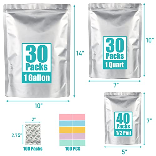 100pcs Mylar Bags for Food Storage with Oxygen Absorbers 400cc (10*10 Packs) and Labels, 10 Mil 10"x14" (30pcs) 7"x10" (30pcs) 5"x7" (40pcs) Stand-Up Zipper Pouches Resealable and Heat Sealable for Long Term Food Storage