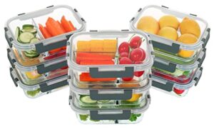 komuee 9 packs glass meal prep containers 1&2&3 compartments,glass food storage containers with airtight lids，glass lunch containers,glass bento boxes,bpa free,gray