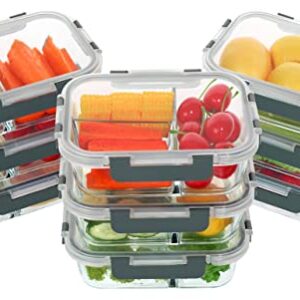 KOMUEE 9 Packs Glass Meal Prep Containers 1&2&3 Compartments,Glass Food Storage Containers with Airtight Lids，Glass Lunch Containers,Glass Bento Boxes,BPA Free,Gray