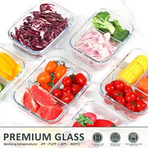 KOMUEE 9 Packs Glass Meal Prep Containers 1&2&3 Compartments,Glass Food Storage Containers with Airtight Lids，Glass Lunch Containers,Glass Bento Boxes,BPA Free,Gray