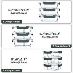 KOMUEE 9 Packs Glass Meal Prep Containers 1&2&3 Compartments,Glass Food Storage Containers with Airtight Lids，Glass Lunch Containers,Glass Bento Boxes,BPA Free,Gray