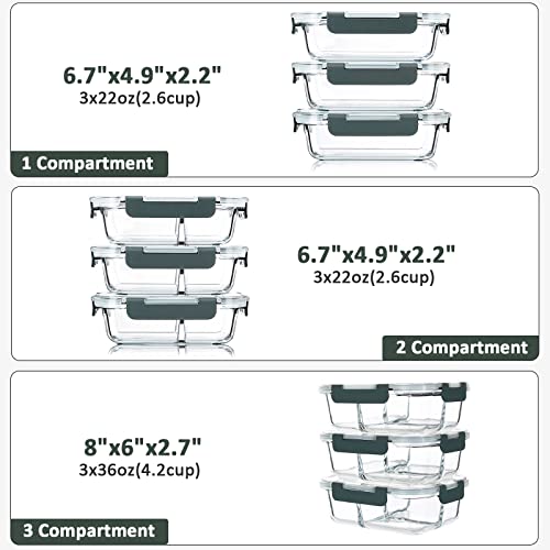 KOMUEE 9 Packs Glass Meal Prep Containers 1&2&3 Compartments,Glass Food Storage Containers with Airtight Lids，Glass Lunch Containers,Glass Bento Boxes,BPA Free,Gray