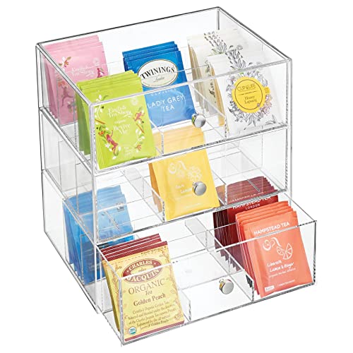 mDesign Plastic Tea Bag Caddy Box Storage Container Organizer Holder with 3 Drawers - for Kitchen Pantry, Cabinet, Countertop - Holds Coffee, Sugar Packets, Drink Pods - Clear