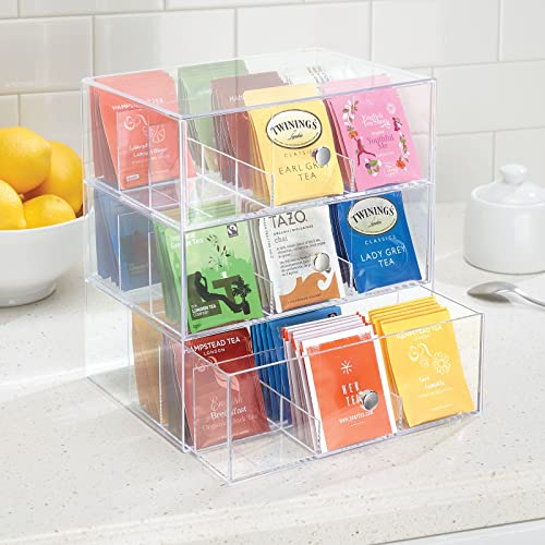 mDesign Plastic Tea Bag Caddy Box Storage Container Organizer Holder with 3 Drawers - for Kitchen Pantry, Cabinet, Countertop - Holds Coffee, Sugar Packets, Drink Pods - Clear