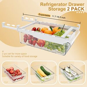 2 Pack Refrigerator Drawer Organizer, Pull Out Refrigerator Shelf Storage Drawer Organizer, Transparent Fridge Organizer for Egg, Fruit, Vegetable, Seafood, Meat, Fit All Fridge Shelves Under 0.6''