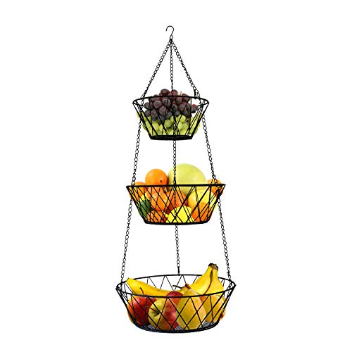 Heavy Duty - 3 Tier Hanging Kitchen Black Fruit Basket