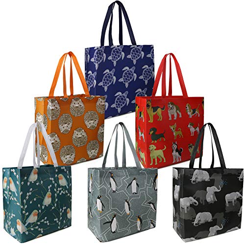 BeeGreen Reusable Grocery Bags Set of 6 Lightweight Recycling Shopping Totes with Long Handle Durable Portable Shopper Baggies for Groceries Supermarket Gift Cute Animal Grey Red Navy Black Green