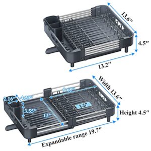 Dish Drying Rack, Kitchen Counter Dish Drainers Rack, Auto-Drain Expandable(13.2"-19.7") Stainless Steel Large Strainers Over Sink Drying Rack Drainboard with Utensil Holder Caddy Organizer, Grey