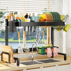 sayzh over the sink dish drying rack, dish drying rack auto-drain expandable (19.9 to 34 inch) 2-tier kitchen counter dish drainer rack with metal steel utensil cup holder sink caddy, black