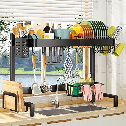 SAYZH Over The Sink Dish Drying Rack, Dish Drying Rack Auto-Drain Expandable (19.9 to 34 inch) 2-Tier Kitchen Counter Dish Drainer Rack with Metal Steel Utensil Cup Holder Sink Caddy, Black