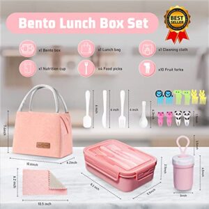 ZMYGOLON Bento Lunch Box for Kids, Lunch Bento Box Container Leak-proof for Kids Adults Teens School, Lunch Containers with 3 Compartments and Cup,Lunch Bag,Spoon,Fork (Pink)