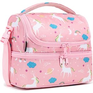 flowfly kids double decker cooler insulated lunch bag large tote for boys, girls, men, women, with adjustable strap, unicorn