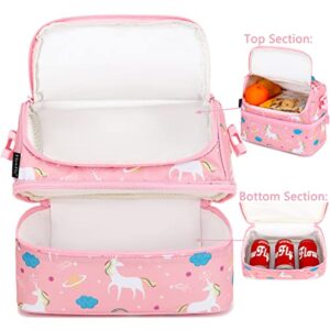 FlowFly Kids Double Decker Cooler Insulated Lunch Bag Large Tote for Boys, Girls, Men, Women, With Adjustable Strap, Unicorn