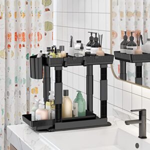 Expandable Under Sink Organizer and Storage 2 Pack, 2 Tier Pull Out Sliding Under Bathroom Cabinet Storage Organizers with Hanging Cups for Bathroom, Kitchen Multi-Purpose, Adjustable Height & Width