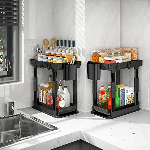 Expandable Under Sink Organizer and Storage 2 Pack, 2 Tier Pull Out Sliding Under Bathroom Cabinet Storage Organizers with Hanging Cups for Bathroom, Kitchen Multi-Purpose, Adjustable Height & Width