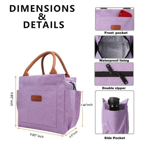 Joymee Lunch Bag Women Insulated Lunch Box Reusable Durable Leakproof Large Spacious Cooler Tote for Women Men Adult with Bottle Holder and Side Pockets for Work Office Travel Picnic - Purple